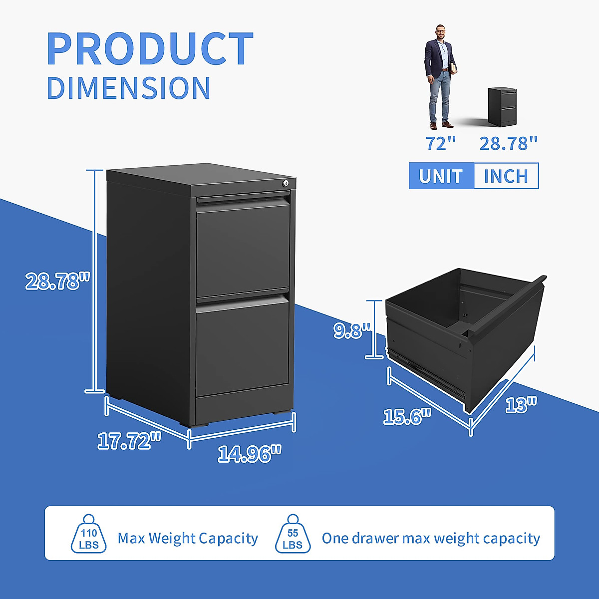 Yukimo 2 Drawer Lateral File Cabinet with Lock and 2 Drawer File Cabinet with Drawers, Black
