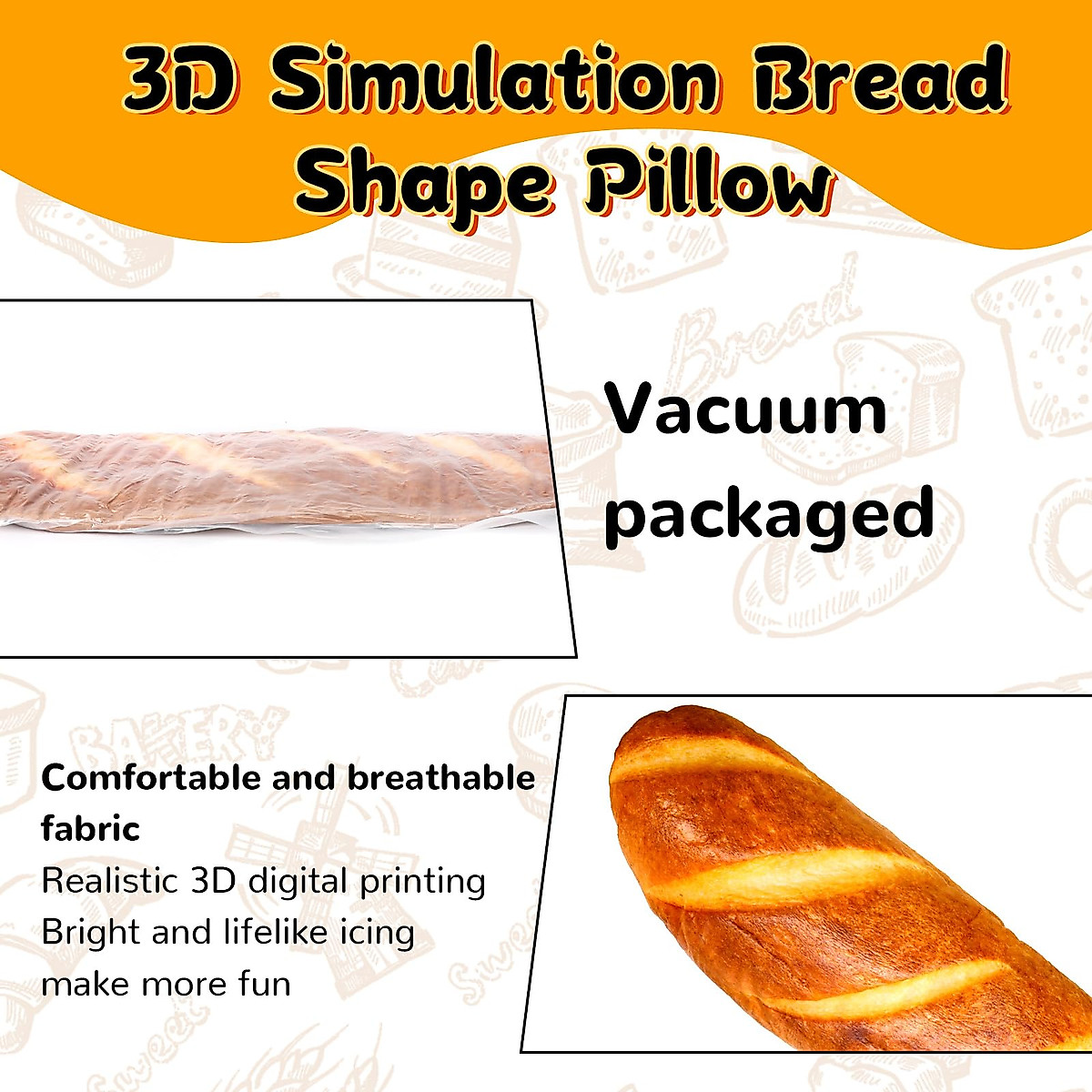 AUECOOME 40" Bread Pillow Giant Bread Plush Pillow 3D Simulation Baguette Pillow Funny Body Pillow Food Plush Christmas Stuffed Toys for Girls Boys