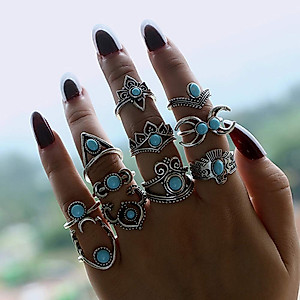 Asphire 11Pcs Bohemian Stacking Knuckle Rings Set Turquoise Midi Ring Punk Silver Animals Finger Rings for Women