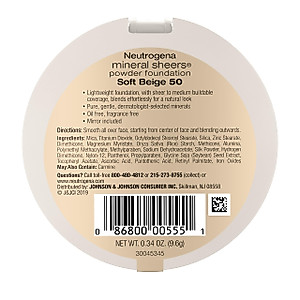 Neutrogena Mineral Sheers Compact Powder Foundation, Lightweight & Oil-Free Mineral Foundation, Fragrance-Free, Soft Beige 50.34 oz