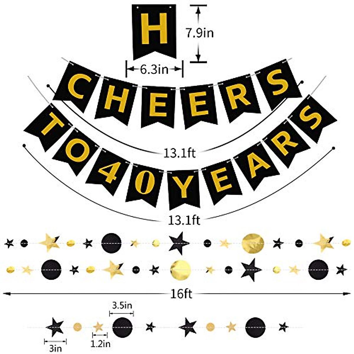 40th Birthday Decorations, 40th Birthday Decorations for Men Women, Cheers to 40 Years Banner Gold Black Party Paper Fan Star Circle Garland for 40th Anniversary 40 Years Old Party Supplies