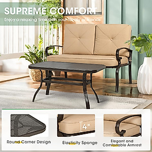 Incbruce 5 Pcs(6 Seats) Outdoor Metal Furniture Sets Wrought Iron Patio Conversation Sets, (Glider, 2 Single Chairs, Loveseat, and Coffee Table) with Cushion (Brown)