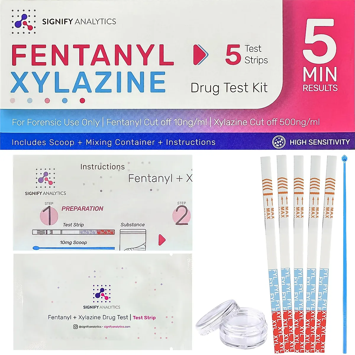 Signify Analytics Fentanyl & Xylazine Test Kit | 5 Combo Test Strips for Fentanyl & Xylazine | Reliable Testing Strips for Pills, Powders, and Liquids