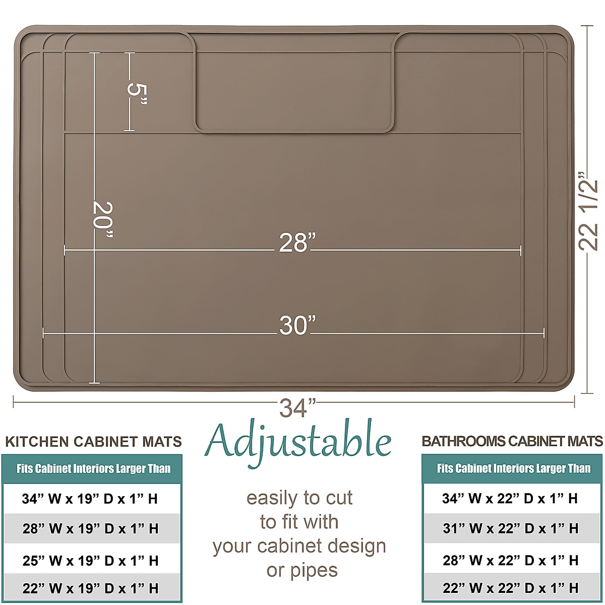 The Original Under Sink Mat - Silicone Waterproof mat, Adjustable, Easy to Clean, Kitchen cabinet liner, Disifenction Surface - 34" x 22" or smaller