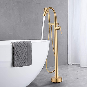 PROOX Freestanding Bathtub Faucet Floor Mounted, High Flow Free Standing Tub Filler with Hand Sprayer, Swivel Spout - Brushed Gold