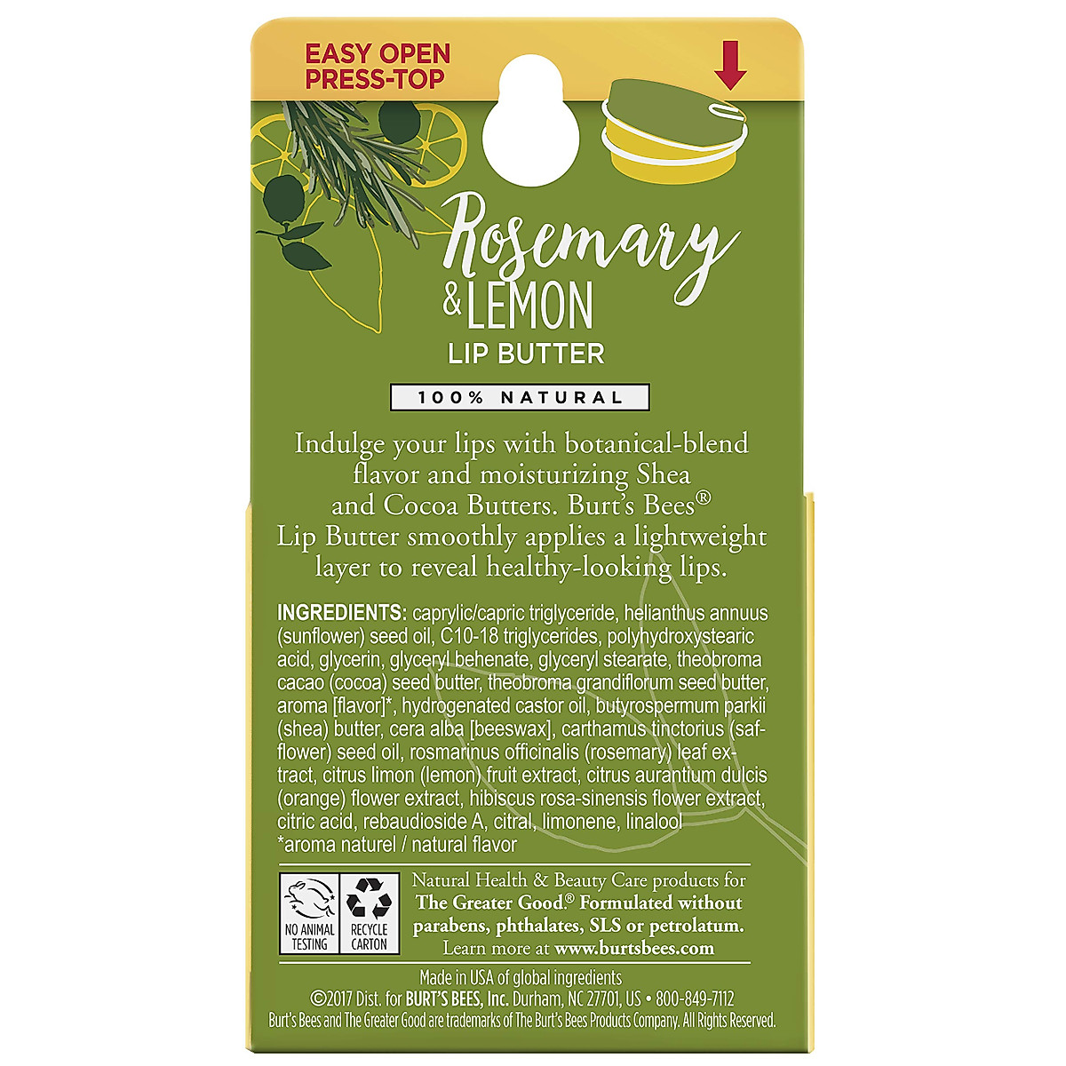 Burts Bees Rosemary and Lemon Lip Butter Unisex Lip Balm 0.4 oz