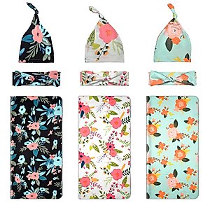 MarJunSep Newborn Baby Swaddle Blankets Headbands Beanie Hats Sets Including 3 Pack of Receiving Blanket & Headband & Beanie Hat Floral Pattern Swaddle Sack for Baby Shower Infant Gift (0-3 Months)
