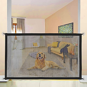 Dog Magic Gate, Mesh Pet Gates for Dogs，Adjustable Zip Design Portable Folding Safety Gate，70.9"/43.3"/27.6" Easy Install Anywhere