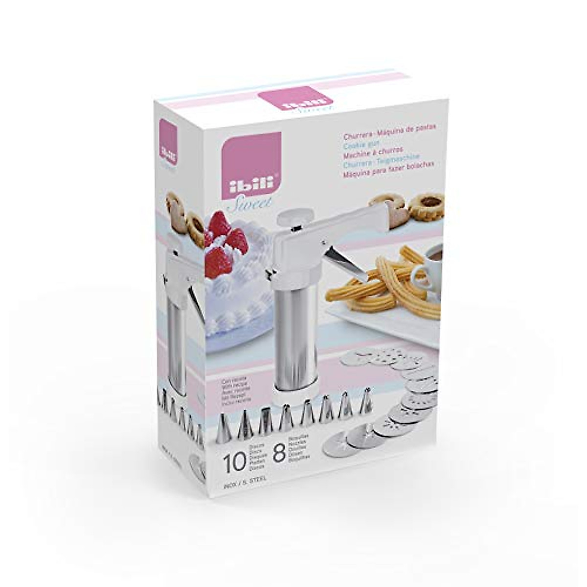 Ibili Cookie Press Gun, 18/10 INOX Stainless Steel Cookie Press for Baking, Dishwasher Safe, Includes 10 Variated Discs and 8 Interchangeable Nozzles - Made in Spain