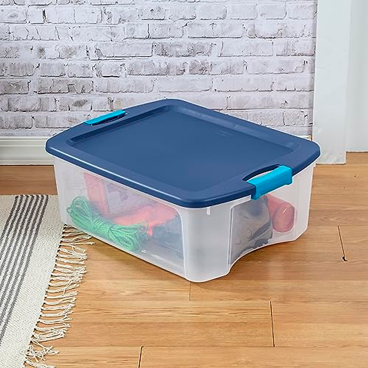 Sterilite 12 Gal Latch and Carry, Stackable Storage Bin with Latching Lid, Plastic Container to Organize Closets, Clear with Blue Lid, 6-Pack