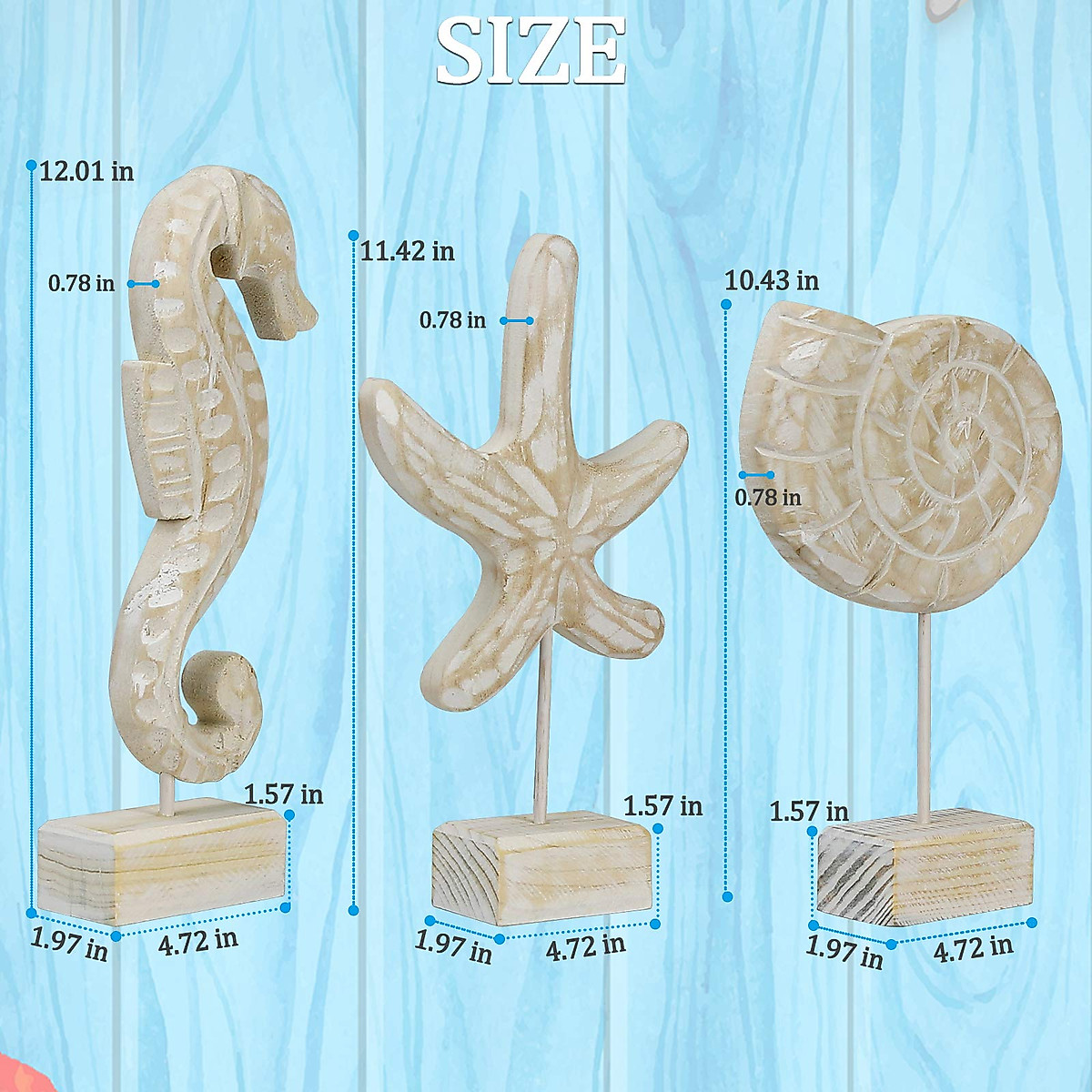 Exttlliy 3pcs Wood Handmade Beach Nautical Style Figurines Starfish/Conch/Seahorse Statue Home Decor