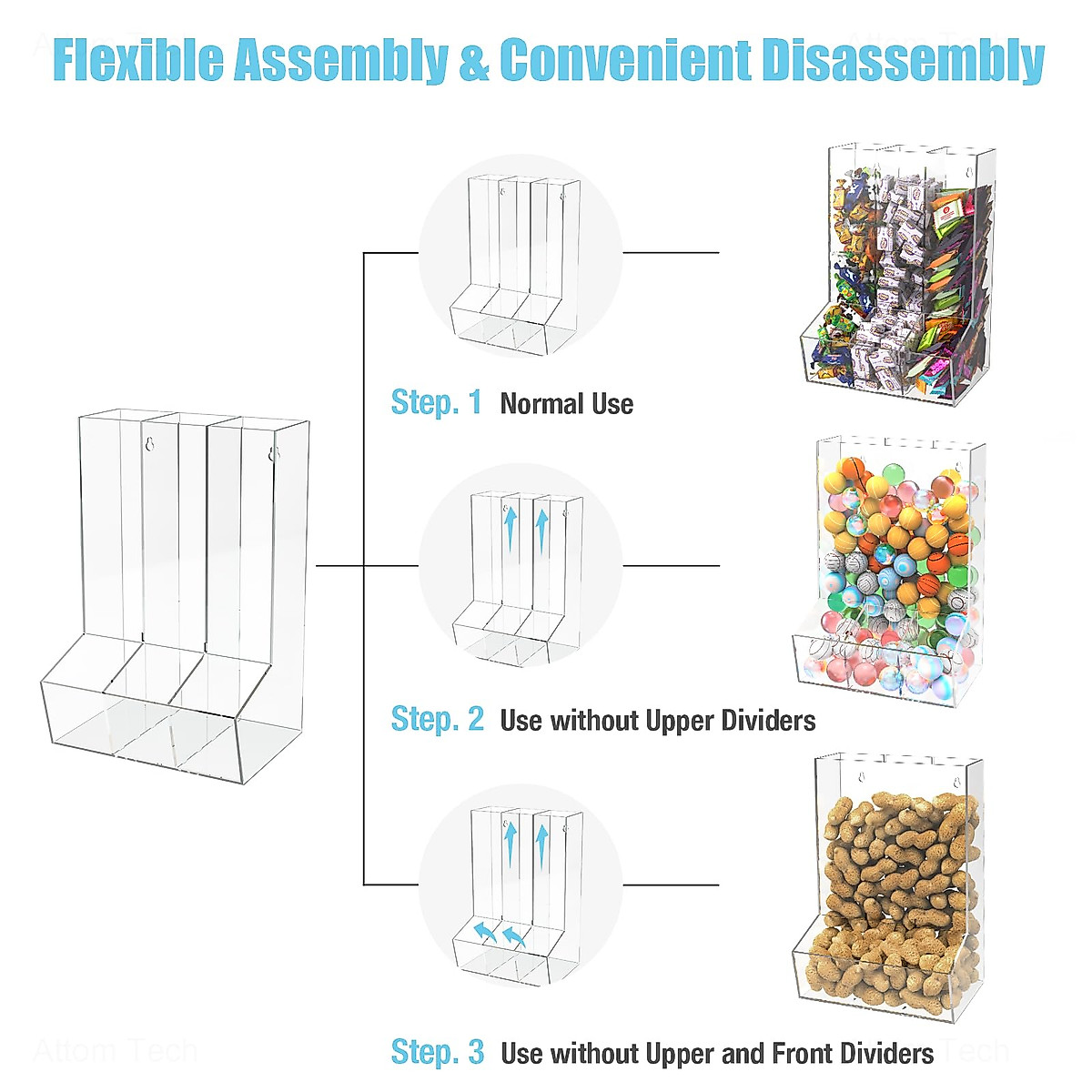 NiHome Acrylic Wall Toy Dispenser, Clear Wall Mounted Toy Organizer & Storage Bin for Playroom, 3 Removable Compartments Stand Box & Hanging Holder for Toys, Snacks, Lego, Coffee Pod Capsules