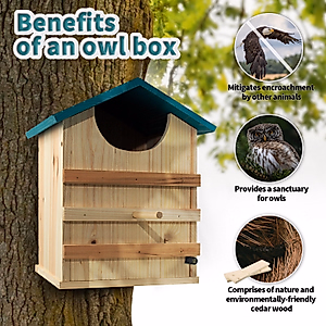 MLOHASING Cedar Wood Screech Owl House - Handcrafted 14x10 Inch Rustic Birdhouse with Perch Stand & Mounting Kit, Outdoor Wildlife Habitat Shelter for Garden, Yard, Avian Nesting Box