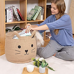 VK Living Animal Baskets Large Woven Cotton Rope Storage Basket with Cute Cat Design Animal Laundry Basket Organizer for Towels, Blanket, Toys, Clothes, Gifts – Pet or Baby Gift Baskets 15‘’ L x 14H