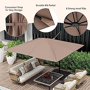 Tangkula 9.5 FT Cantilever Patio Umbrella, Outdoor Square Offset Umbrella with 360°Rotation, Heavy Duty Patio Hanging Umbrella with Cross Base for Garden Deck Pool Backyard (Tan)