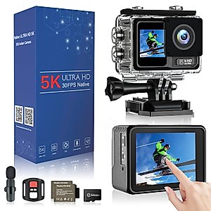 5K 24MP Action Camera, Ultra HD 131FT Underwater Cameras with Dual Touch Screen, Waterproof Video Camera Wireless Microphone and Remote Control Sports Cameras with 64G SD Card & Accessories Kit