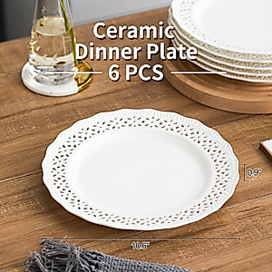 Magclay Ceramic Dinner Plates, Set of 6, 10.6 Inch Round Carved Plate, Scratch Resistant, Modern Dinnerware Dishes Set for Steak, Pasta, Party (White)