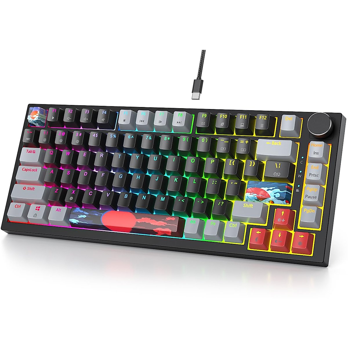 Fogruaden 75% Wired Mechanical Gaming Keyboard 75 Percent Keyboard Hot Swappable Gasket Mount, Red Switch, RGB Backlit 82 Keys TKL Mechanical Keyboard, NKRO Compact Keyboard with Knob (Dark)