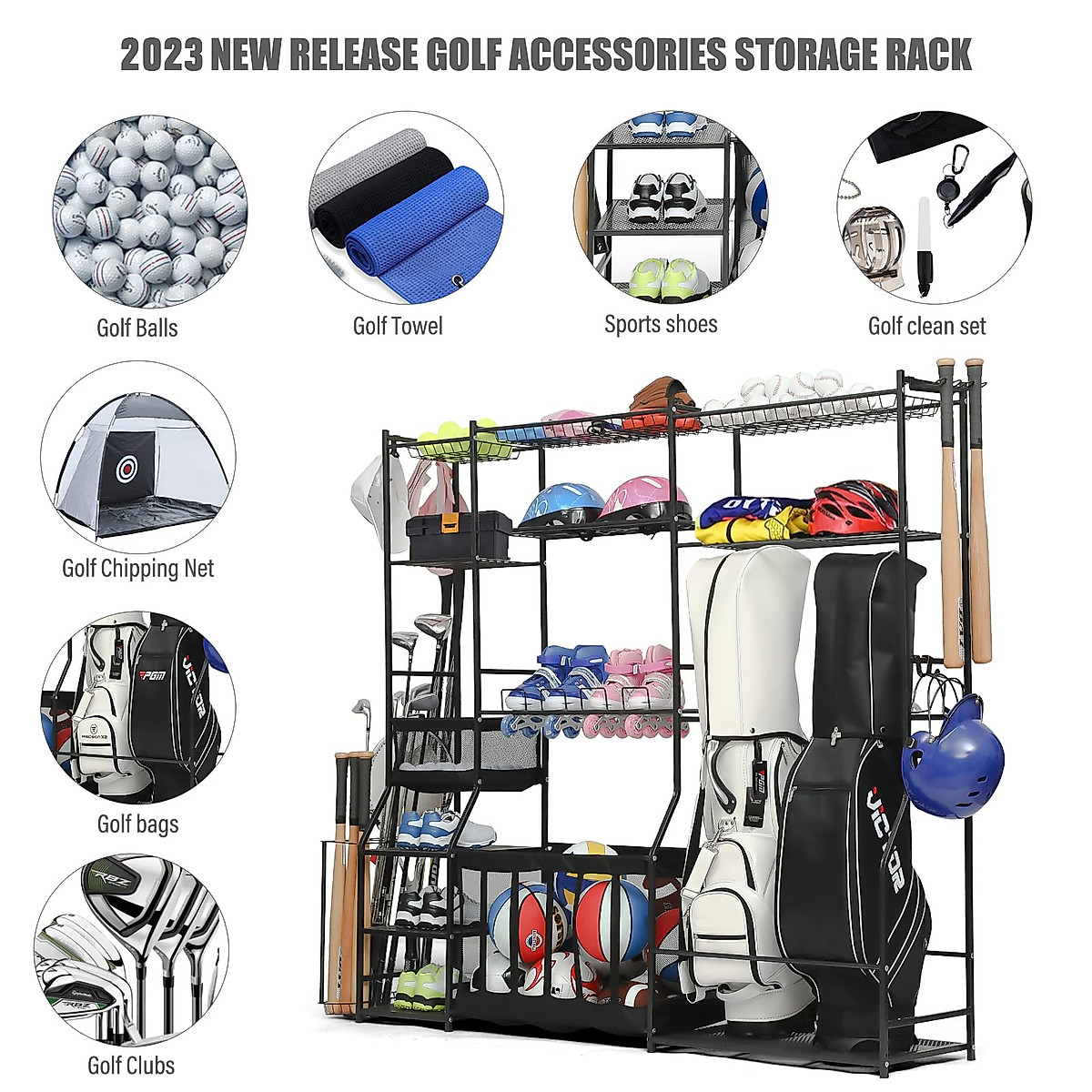 6.3FT Golf Bag Storage Garage Organizer,2 Golf Bag Storage Racks and Other Sports Equipment Organizer, Extra Large Storage Rack for Garage,Holds Golf Clubs,Balls and Miscellaneous Items