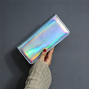 YAIRYANGTZE Hologram Slim PU Leather Wallet with Zipper Long Clutch Wallet Purse for Women (Silver)