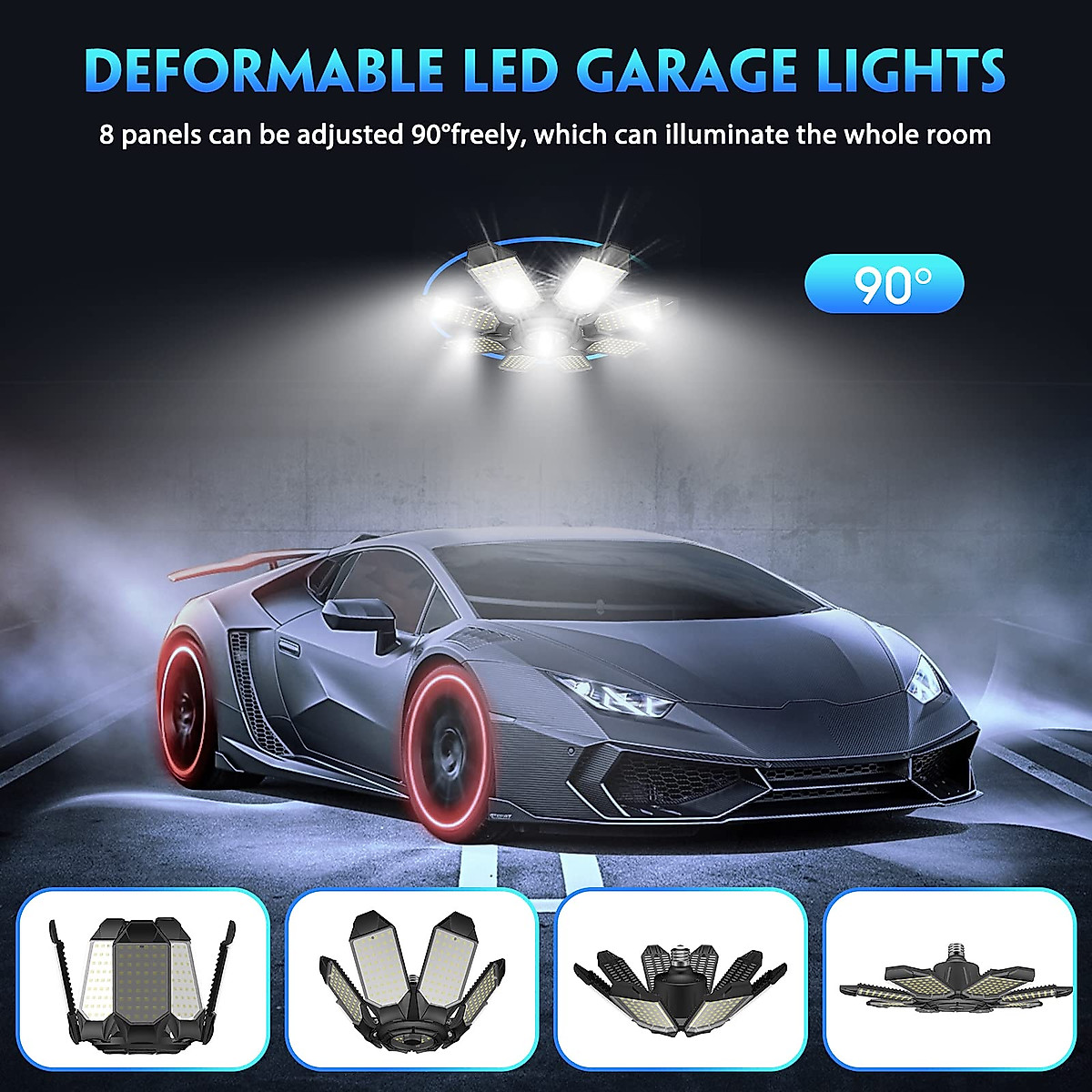 LED Garage Light,260W 26000LM 6500K Deformable LED Garage Ceiling Light with 8+1 Adjustable Panels Commercia Bay Light for E26/E27 Screw Socket,Basement,Barn,Workshop,Attic (1Pack & 8+1Panels)
