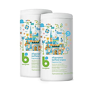 Babyganics All Purpose Surface Wipes, Fragrance Free, 75 Count (Pack of 2), Plant Based and Non-Abrasive, No Ammonia, No Bleach