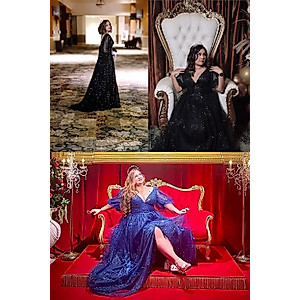 Xijun Women's Puffy Sleeve Prom Dresses with Slit Sparkle Starry Tulle Black Corset A Line Half Sleeve V-Neck Tea Length Formal Party Gowns US8