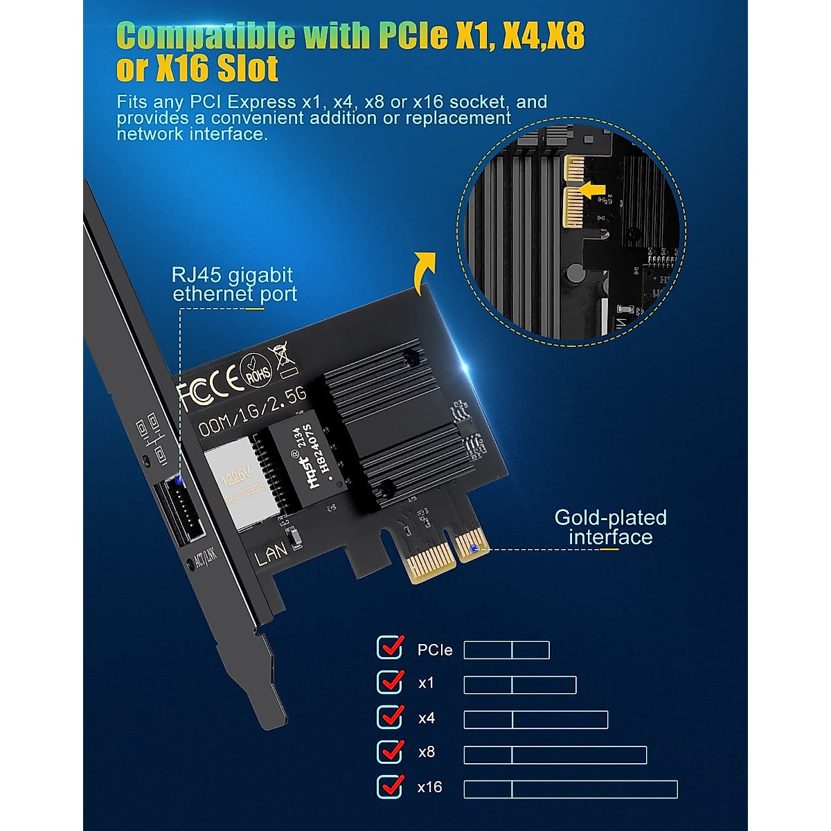 2.5GBase-T PCI Express Gigabit Network Card for Gaming, Streaming, 2.5G/1G/100Mbps PCIe Ethernet Network Adapter RJ45 LAN Controller for PC, Support Windows 10/11, Standard & Low-Profile Brackets