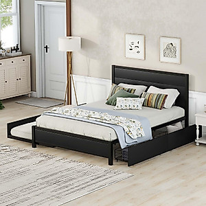 Queen Size Metal Platform Bed Frame with 2 Storage Drawers and a Twin Size Trundle, Storage Platform Bed with Tufted Headboard for Kids/Teen/Adults, Noise-Free, No Box Spring Needed (Queen)