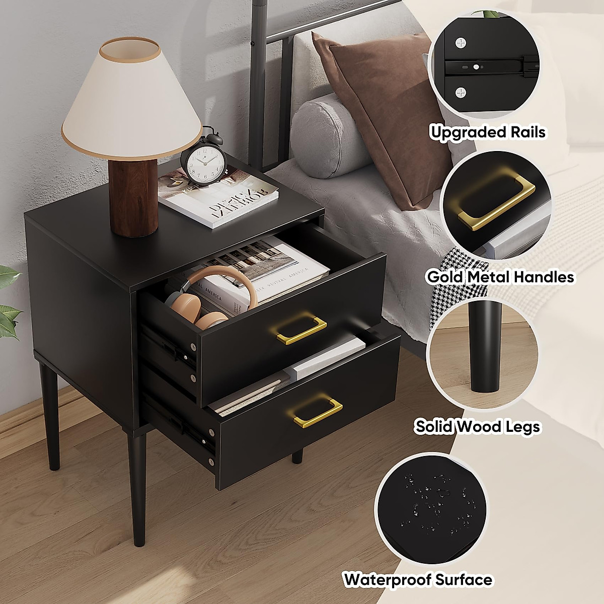 Modern Nightstand with Drawers Black Night Stands for Bedroom,Wood Bedside Table with Drawers,Nightstands Suitable for Salon and Office,Mesita De Noche para Cuarto,26 Inch Tall,2- Drawer