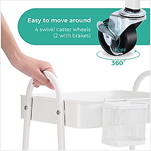 KINGRACK 3-Tier Rolling Cart, Metal Rolling Storage Cart with Handle and Lockable Wheels, 2 Hanging Baskets & 4 Hooks, Utility Cart for Kitchen, Bathroom, Office, White