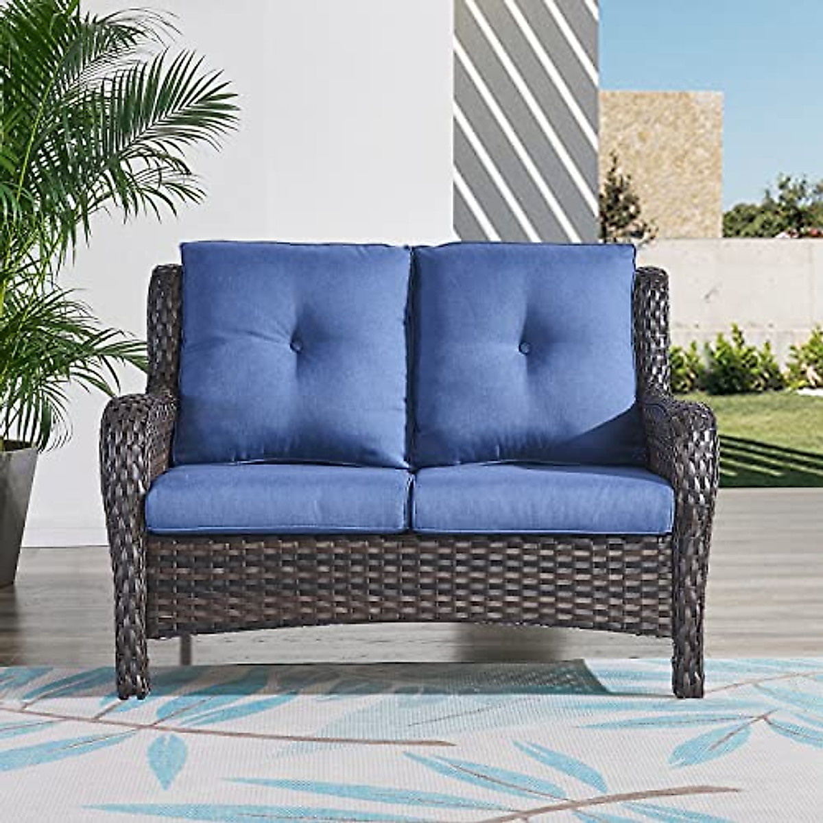 HUMMUH Outdoor Loveseat Sofa 2-Seat PE Rattan Patio Love Seat with Cushions,Deep Seat High Curved Back Armset Sectional Couch for Patio,Garden,Yard,Porch