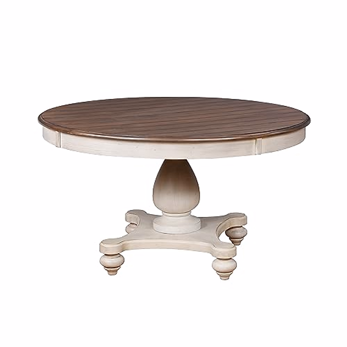 Roundhill Furniture Arch Solid Wood Dining Set: Round Table, Four Chairs, Distressed White and Dark Oak