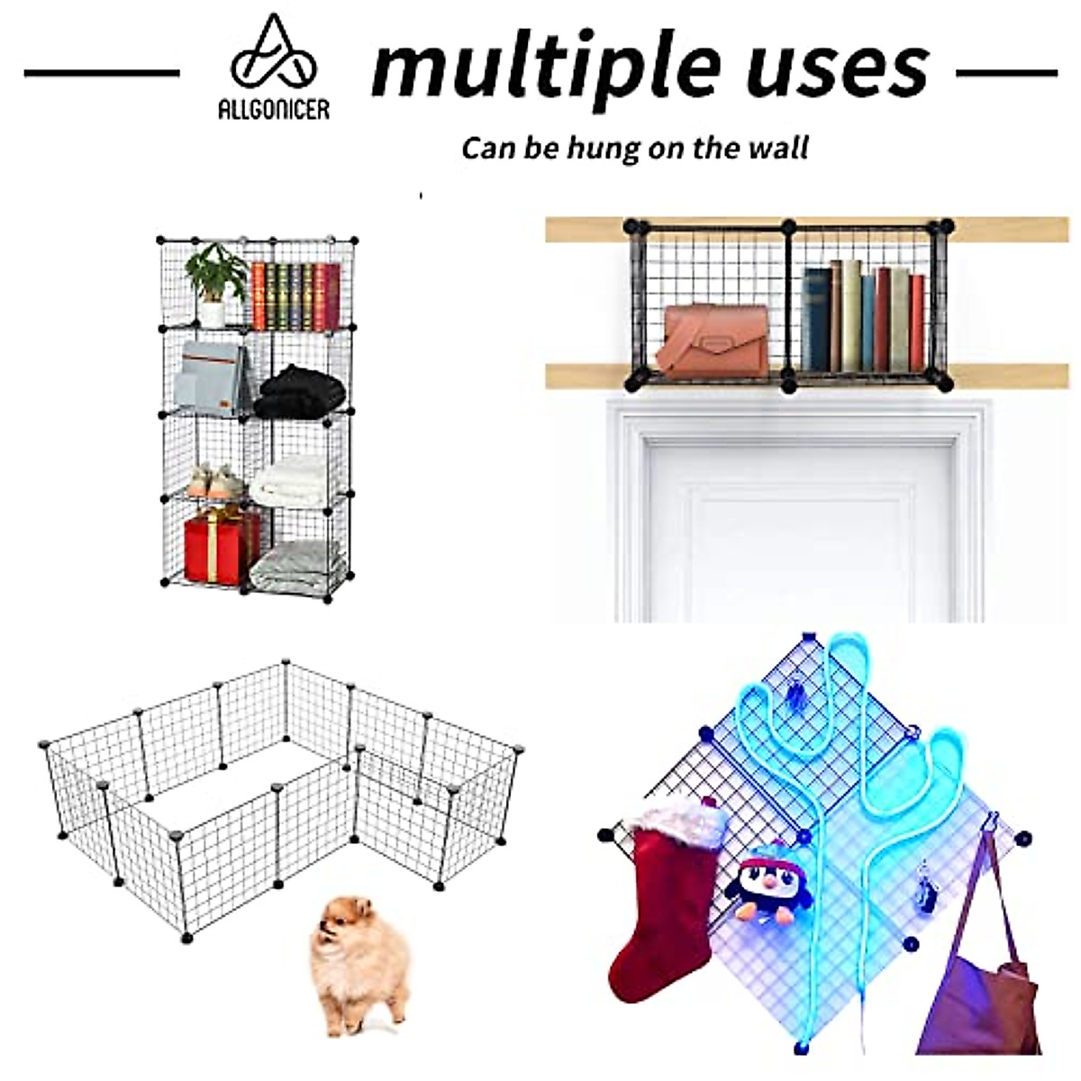 14"x14" Wire Grid Shelf Cubes, Patented Design, Sturdy and Long Last, Floor-Stand or Wall-Hang, Easy DIY Assembly (Black, 8Cubes)