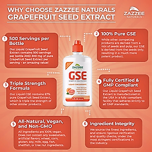 Zazzee GSE, 3X Triple Strength, 4 Ounces, 500 Servings, 300 mg per Serving, Premium Liquid Grapefruit Seed Extract Concentrate with Bioflavonoids, Vegan, Gluten Free, All-Natural, Made in The USA