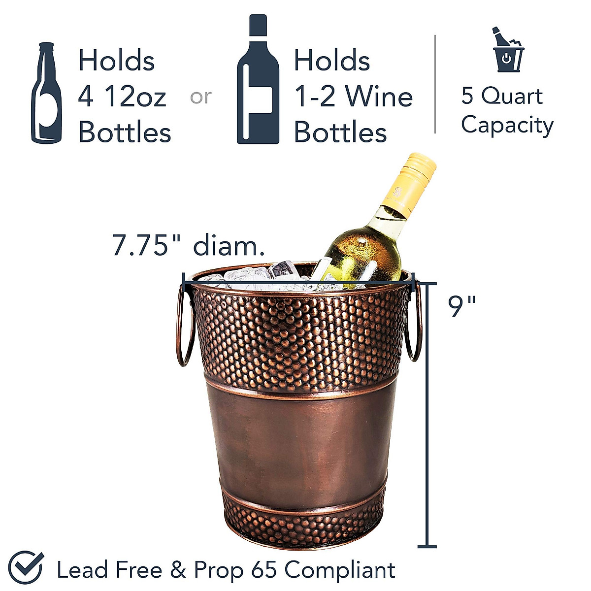 BREKX Berkshire Copper Finish Galvanized Wine Bucket, Leak & Rust Resistant, Sealed Ice and Drink Holder with Handles, 5 Quarts