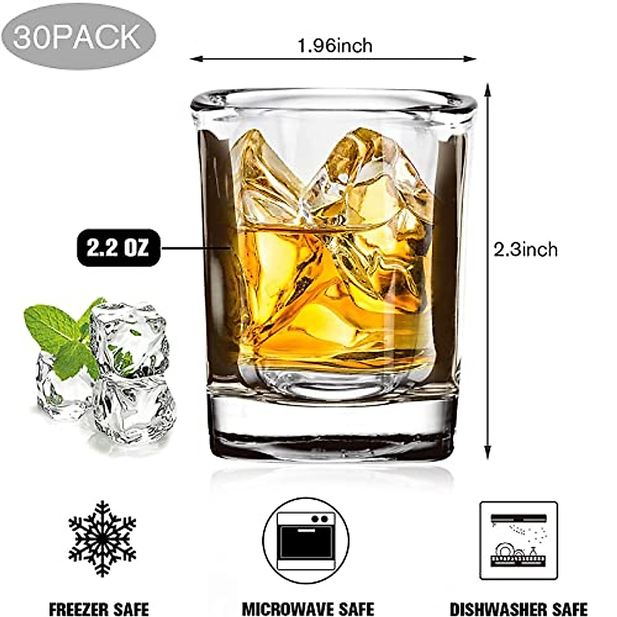 Vivimee 30 Pack Heavy Base Shot Glasses Bulk, 2.2 oz Square Shot Glasses Set, Clear Espresso Shot Glass, Small Whiskey Shot Glasses for Vodka, Whiskey, Tequila, Espressos, Spirits & Liquors