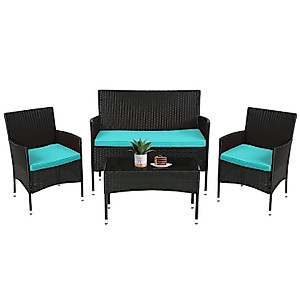 FDW Rattan Furniture Wicker Chair Patio Conversation Set for Outdoor Indoor Use with Loveseats Coffee Table,Blue Cushion, 4-Piece