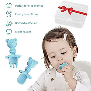 Baby Fork and Spoon Set, Silicone Self Feeding Utensil Easy Grip Toddler Cutlery Kit with Carry Case BPA-Free Anti-Choke for Infant Toddler Children First Led Training Weaning, 6-12 Month (Blue)