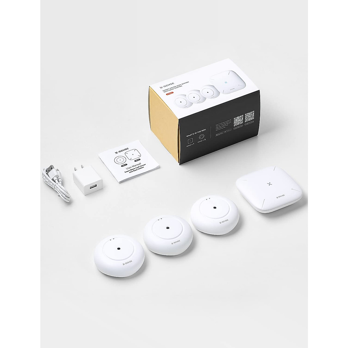 X-Sense Wi-Fi Water Leak Detector, Smart Water Sensor Alarm, Water Detector Alarm with 1700 ft Transmission Range for Kitchens, Basements, Bathrooms, 3 Water Detectors & 1 Base Station, Model SWS54