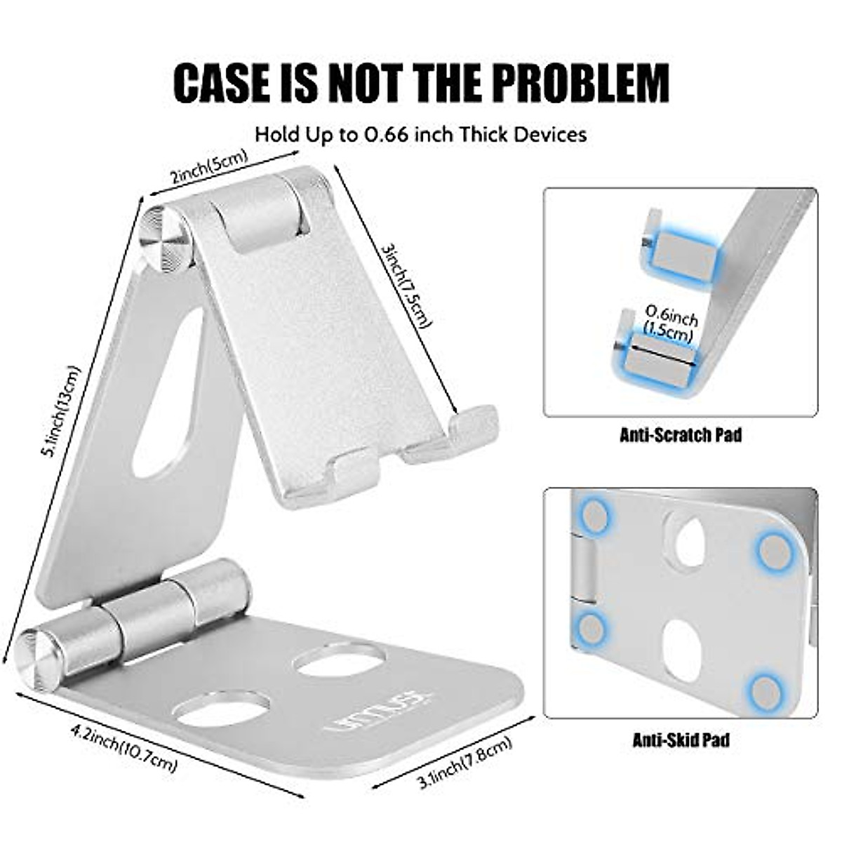 Urmust Cell Phone Stand for Desk Adjustable Foldable Phone Holder for Office Portable Desktop Dock Compatible with iPhone 14 13 12 11 Max Pro Xs Xr X 8 7 6, iPad Mini, Tablets 7-10" (Silver)