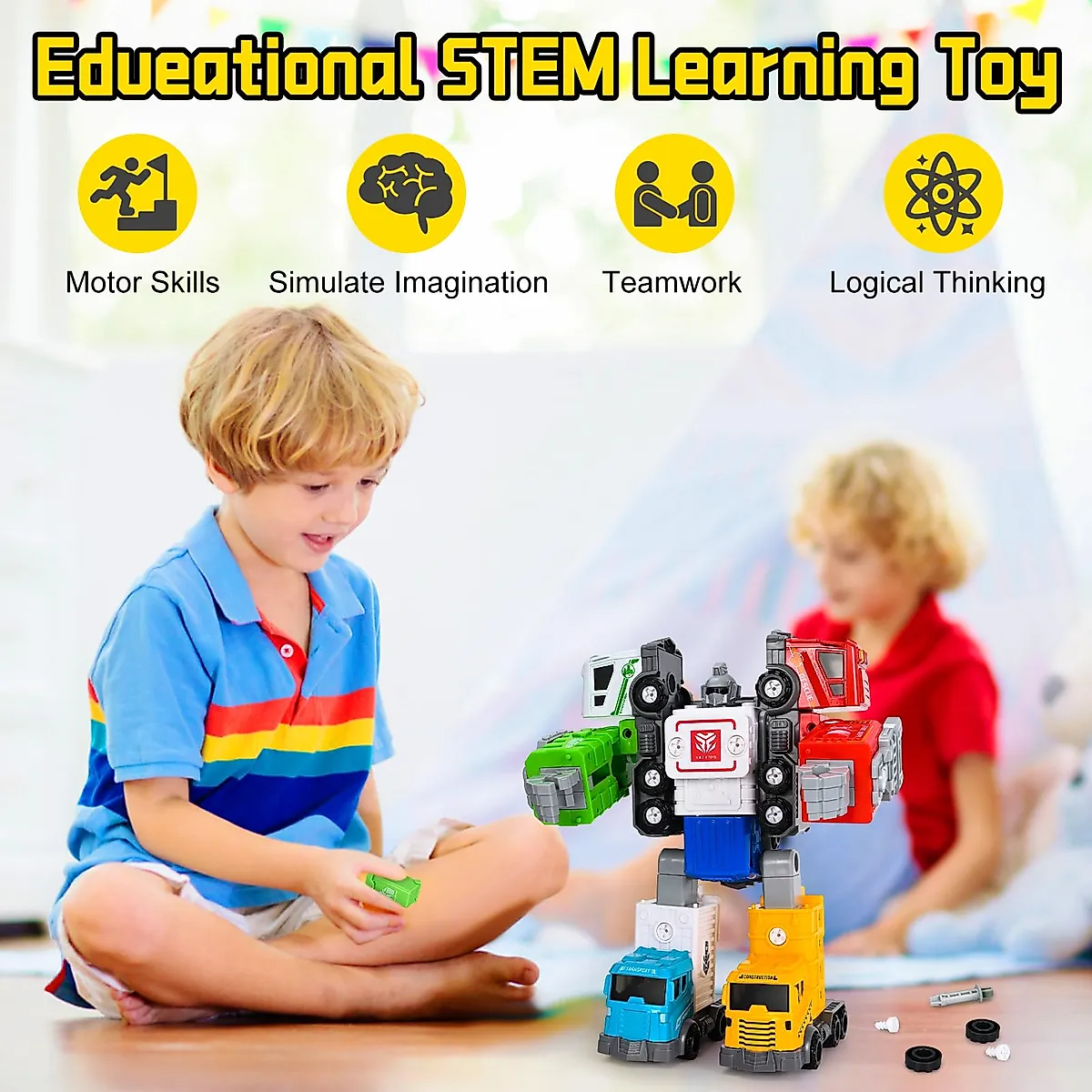 Hiitytin 5-in-1 Vehicles Toy Playset, Transforming Robot Truck Toys for Kids, Metal Transport Truck Vehicles Toys for Boys & Girls Ages 3-8, DIY STEM Building Cars Kit Toddler Toys