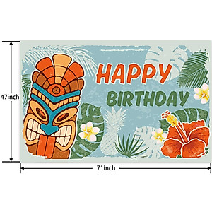 Happy Birthday Banner Backdrop Hawaii Aloha Totem Palm Tree Leaves Theme Decor for Tiki Bar Hawaiian Luau Summer Party Baby Shower Carnival Flag Decorations Favors Supplies Photography