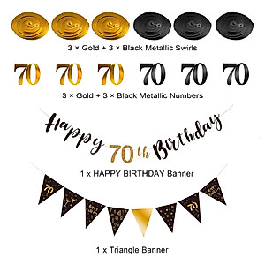 70th Birthday Decoration Kit, Happy 70th Birthday Banner Bunting Swirls Streamers, Triangle Flag Banner for Birthday Party Decorations Supplies Black and Gold 70th
