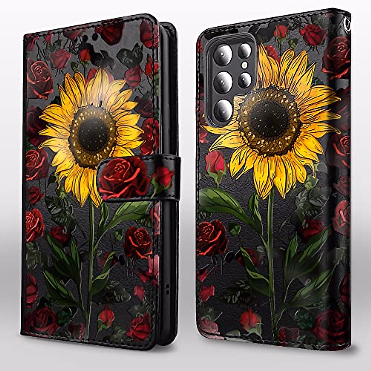 Shields Up for Galaxy S22 Ultra Case, [Detachable] Magnetic Wallet Case with Card Holder & Strap for Girls/Women, [Vegan Leather] Floral Cover for Samsung Galaxy S22 Ultra 5G -Rose Flower/Sunflower