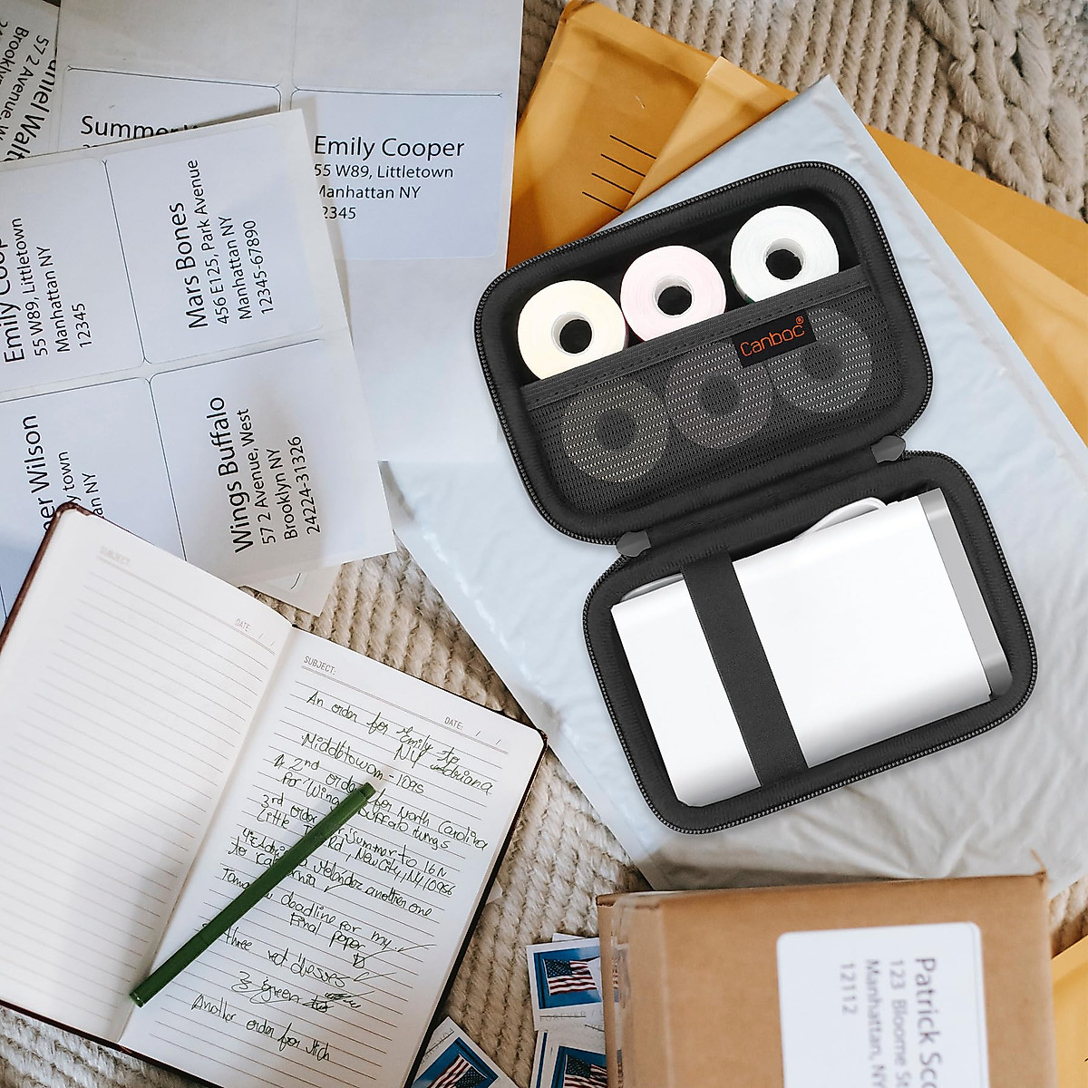 Canboc Carrying Case Compatible with NELKO P21 Label Maker Machine, Portable Bluetooth Label Printer Box, Zipper Mesh Bag fits Label Paper and Charging Cord, Black