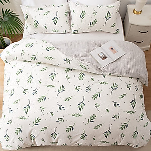 ACCOTIA Green Leaves Duvet Cover Set Queen Size, Botanical Bedding Set 3 Pieces, Ultra Soft Brushed Duver Cover with 2 Pillowcase for All Season (Cream White, Queen)