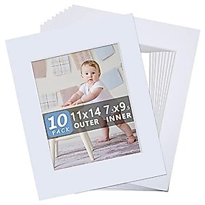 Somime 10 Pack Pre-Cut 11 x 14 White Picture Mats for 8x10 Photos - White Core Bevel Cut Frame Matte, Acid Free, Ideal for Frames/Artwork/Prints