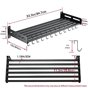 SIMVE Kitchen Hanging Pots and Pans Rack Wall Mounted, 33.3 Inch Metal Shelf with 12 Utensils Hooks, Lids and Dish holder, Modern Steel Storage Hanger for Cookware, Matte Black