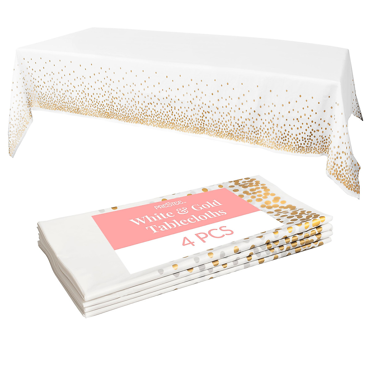 White Plastic Tablecloth - 4 Pack - 54 X 108 | Gold Dot Disposable Tablecloths | Plastic Tablecloth | White Tablecloths | Plastic Table Cover | Gold Tablecloths | Gold Party Decorations